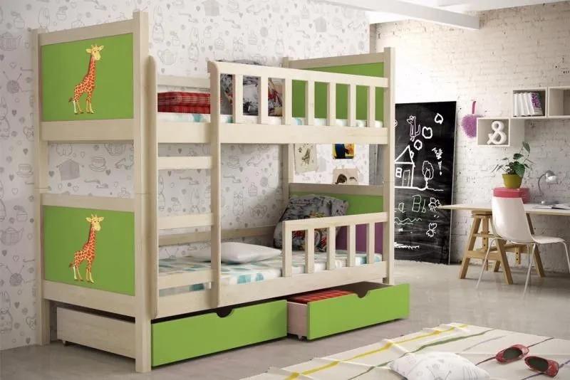 Dětská  patrová postel PONOKIO 2 - přírodní / zelená +žirafa