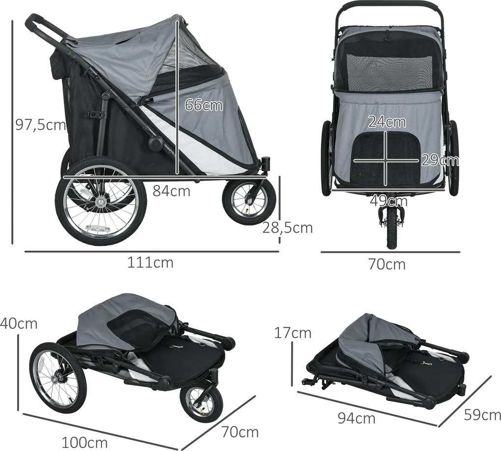 PawHut kočárek pro psy se síťovanými okny, skládací kočárek pro kočky s bezpečnostním vodítkem, velká gumová kola pro střední a velké psy do 30 kg, O…