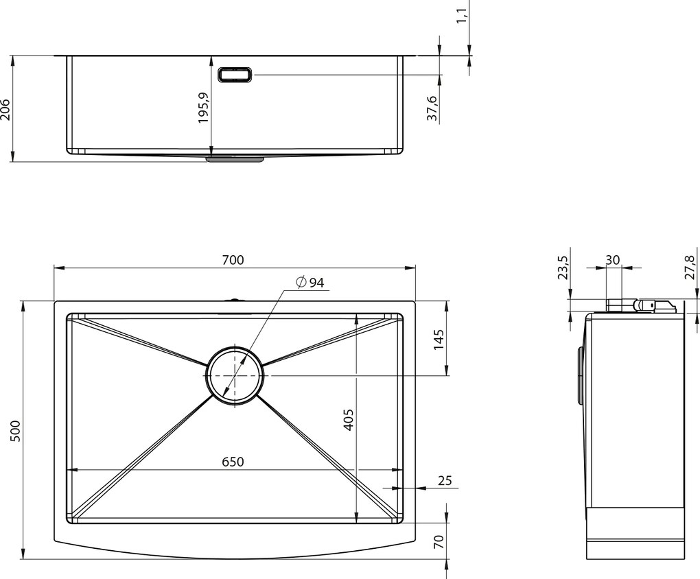 Sapho Sapho, ZENITH nerezový dřez 70x50cm, gun metal, ZN7050B