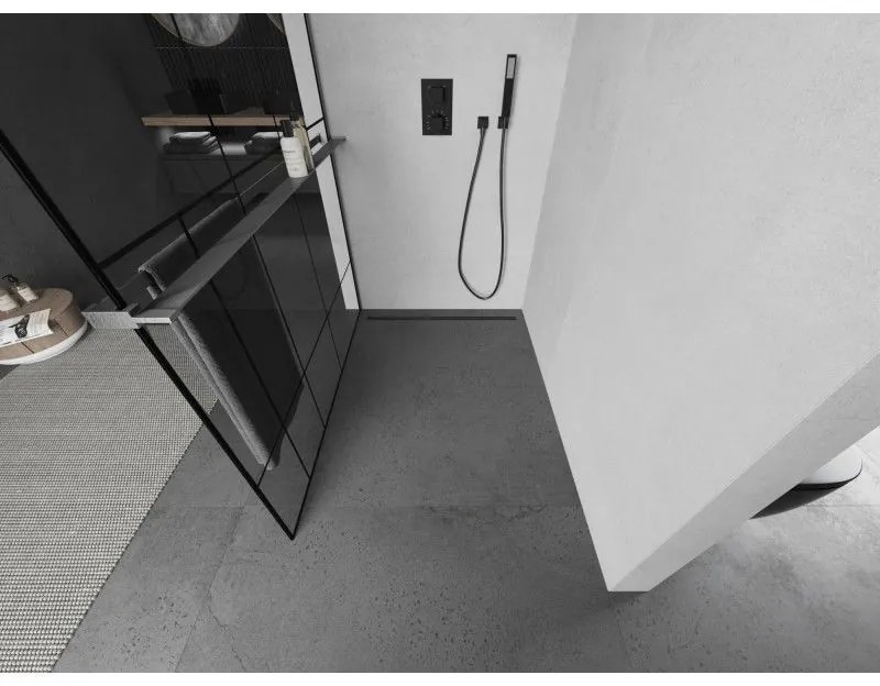 Mexen Kioto+, sprchová zástěna Walk-In s poličkou a věšákem 100 x 200 cm, 8mm čiré sklo černý vzor, grafitový profil, 800-100-121-66-78