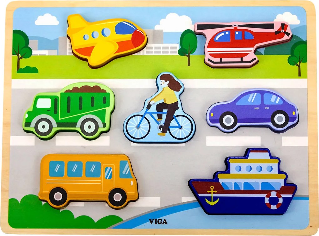 VIGA DŘEVO Vkládačka baby puzzle vkládací na desce doprava 7 dílků 447013