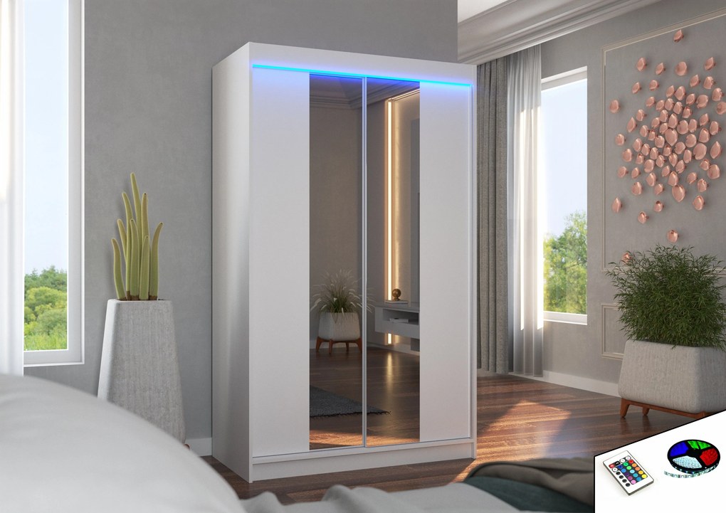 ADRK Furniture Posuvná skříň se zrcadlem a LED osvětlením MARVIN 120