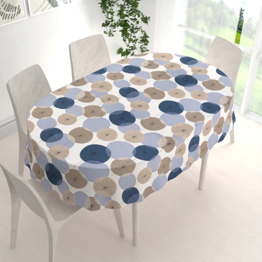 Biante Bavlněný oválný ubrus Sandra SA-446 Modro-hnědé designové pampelišky 140x160 cm