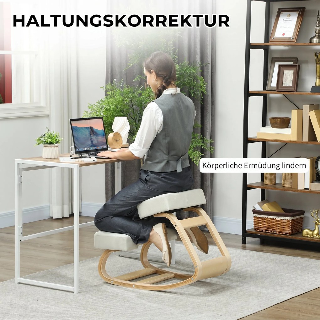 Vinsetto Kolenní židle, ergonomická posezení, polstrovaný stolek pro zdravé sezení, březové dřevo, nosnost 120 kg, krémově bílá