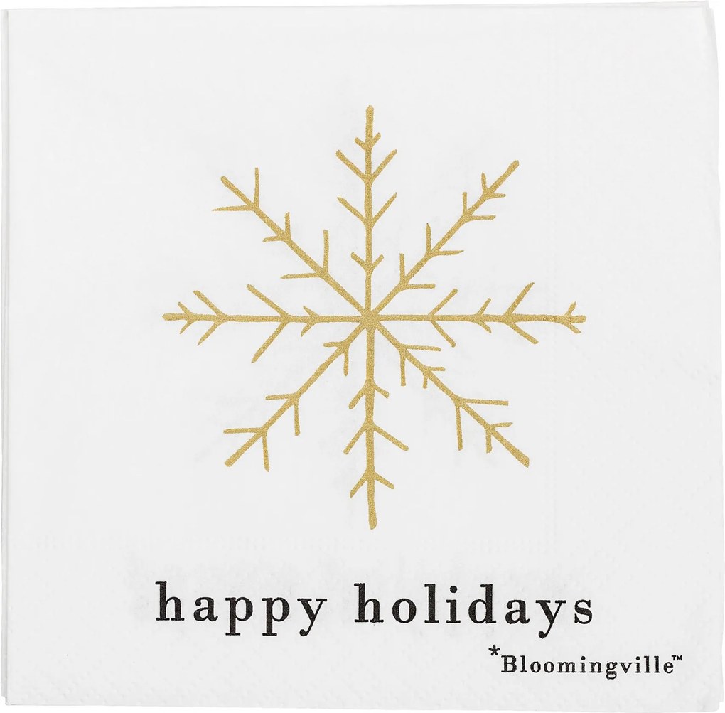 Bloomingville Papírové ubrousky Happy Holidays, bílá barva, zlatá barva, papír