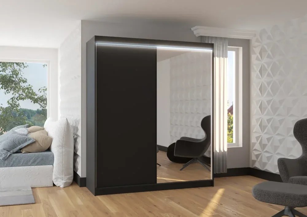 Posuvná skříň se zrcadlem a LED osvětlením VIKI 180 černá