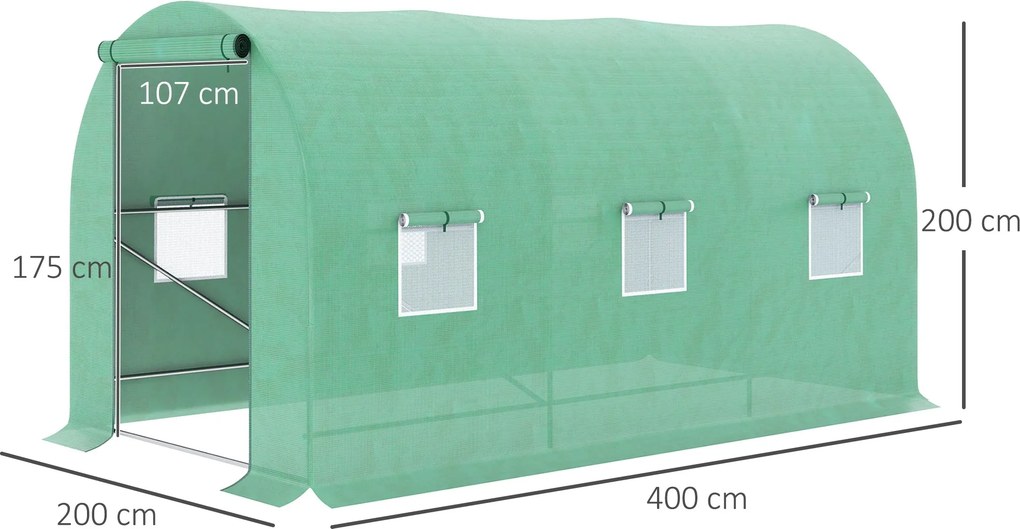 Zahradní skleník Outsunny 4x2x2 m - Tunelový skleník se 6 rolovacími okny a zipovým vchodem, proti UV záření, ideální pro terasu a zahradu