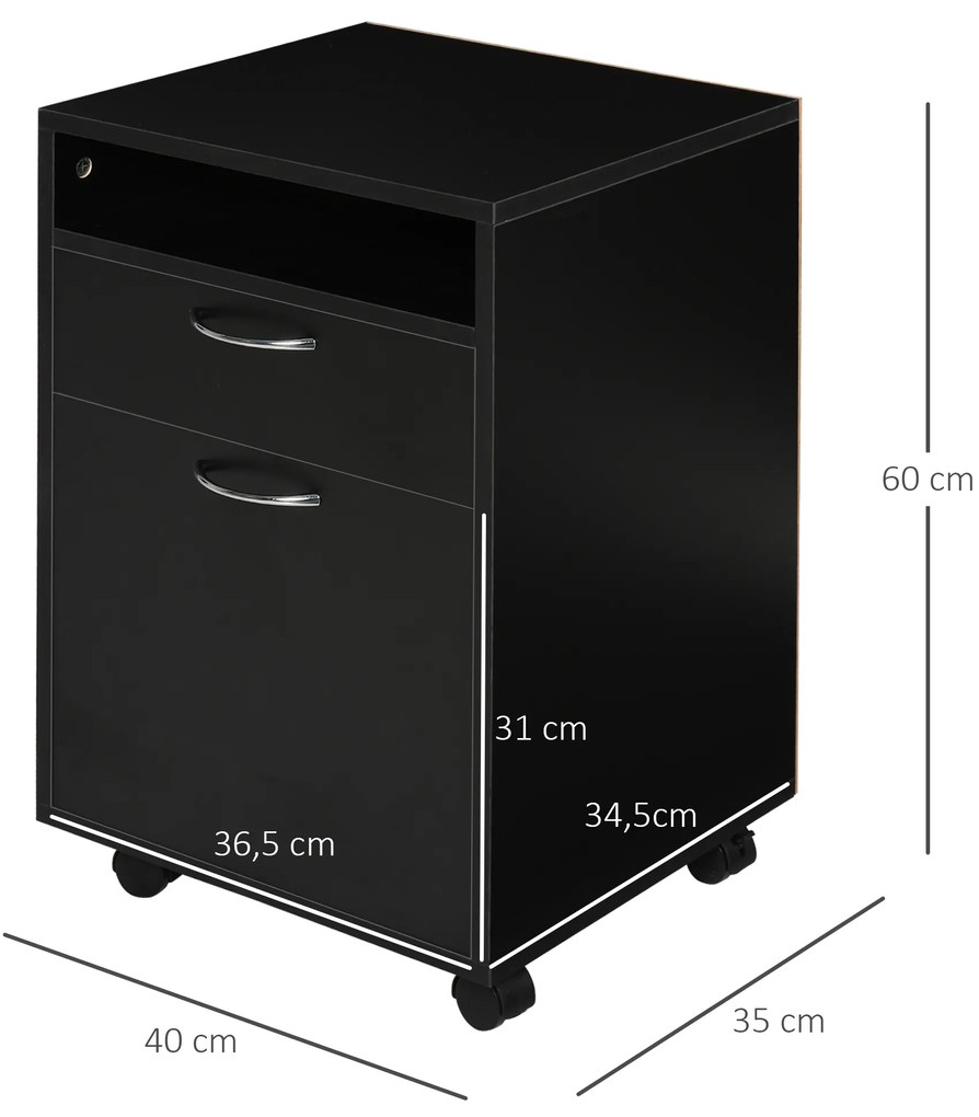 HOMCOM pojízdná podstavná skříň černá 40x35x60cm se zásuvkou pro kancelář a domácí kancelář, prostorově úsporná a funkční | Aosom.de