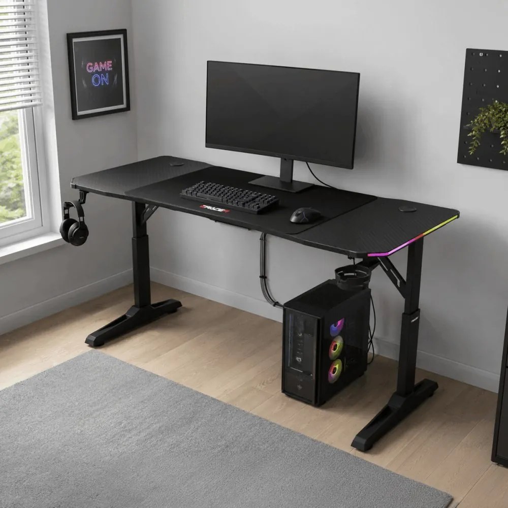Pevný herní stůl 140x60cm melamin LT-H1214 BK, RGB LED, výběr výšky
