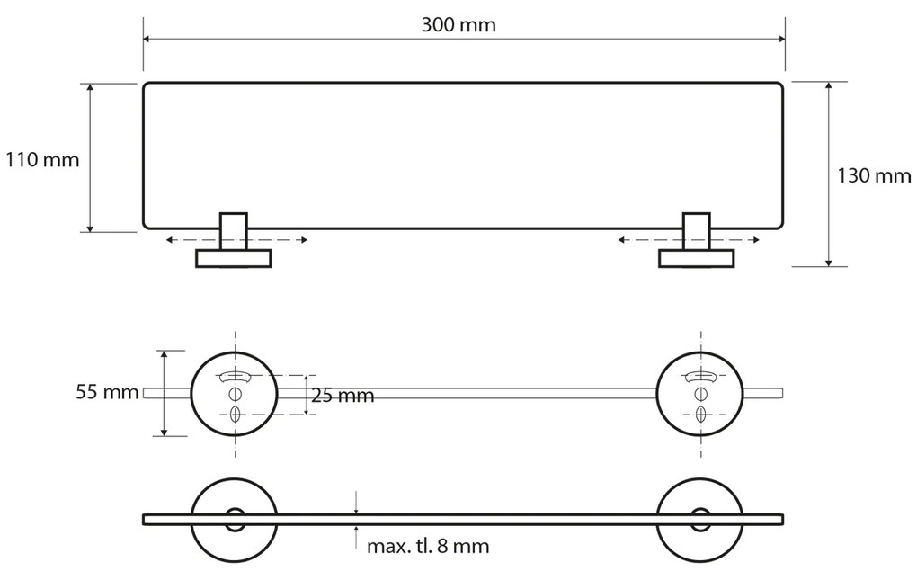 Sapho X-ROUND E skleněná polička 300x130mm, mléčné sklo, chrom - XR601