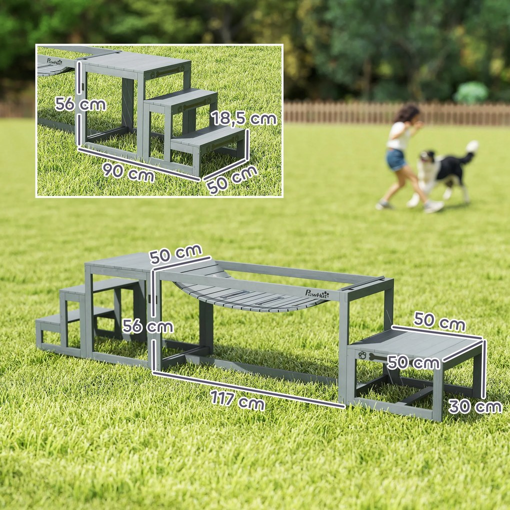 PawHut 3dílná agility sada pro psy — smrkový most, žebřík a plošina pro střední a velké psy do 40 kg, šedá