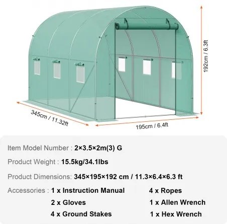 Walk-in tunelový skleník 3,45 × 1,95 × 1,92 m pozinkovaný rám PE kryt zelený