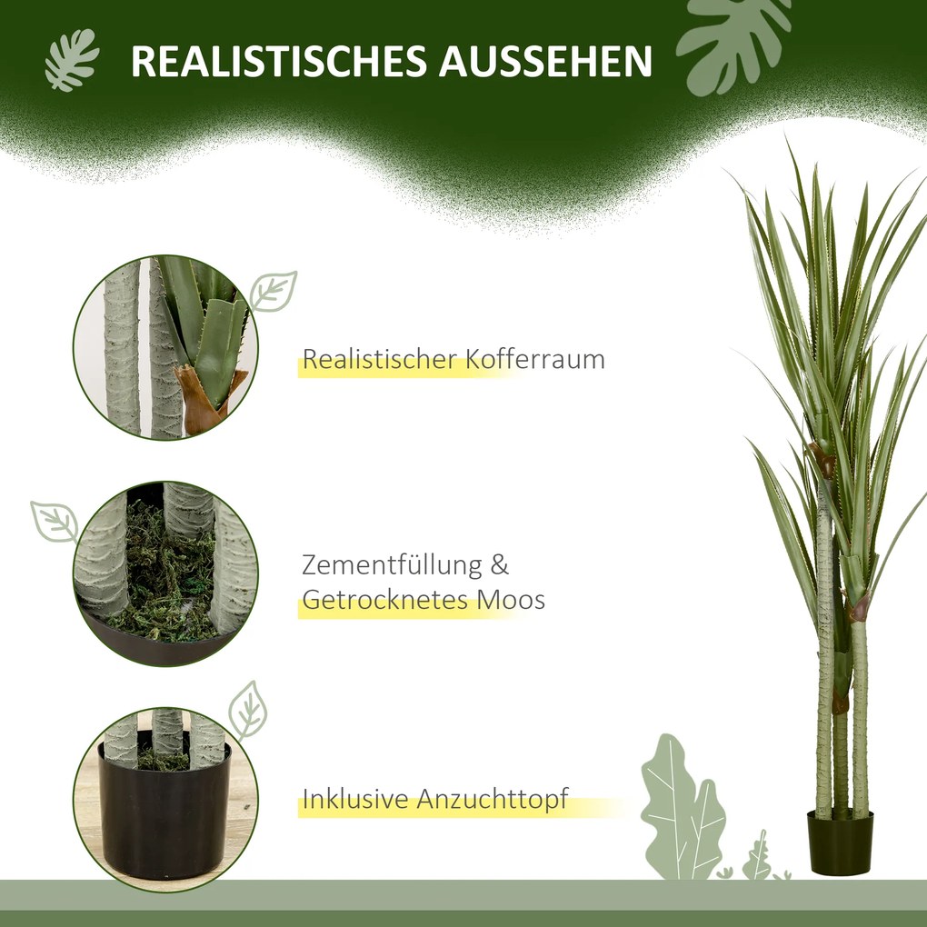 Umělá rostlina yucca HOMCOM v květináči 190 cm - 39 realistických listů pro dekoraci domova, obývacího pokoje, kanceláře a zahrady Ø17x190 cm Zelená
