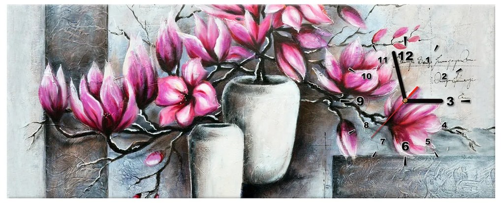 Gario Obraz s hodinami Růžové magnolie ve váze Rozměry: 100 x 40 cm