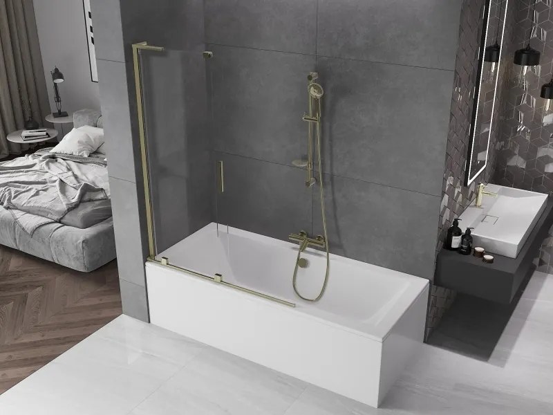 Mexen Velar L, 2-křídlová posuvná vanová zástěna 120 x 150 cm, 8mm čiré sklo, zlatý lesklý profil, 896-120-003-01-50