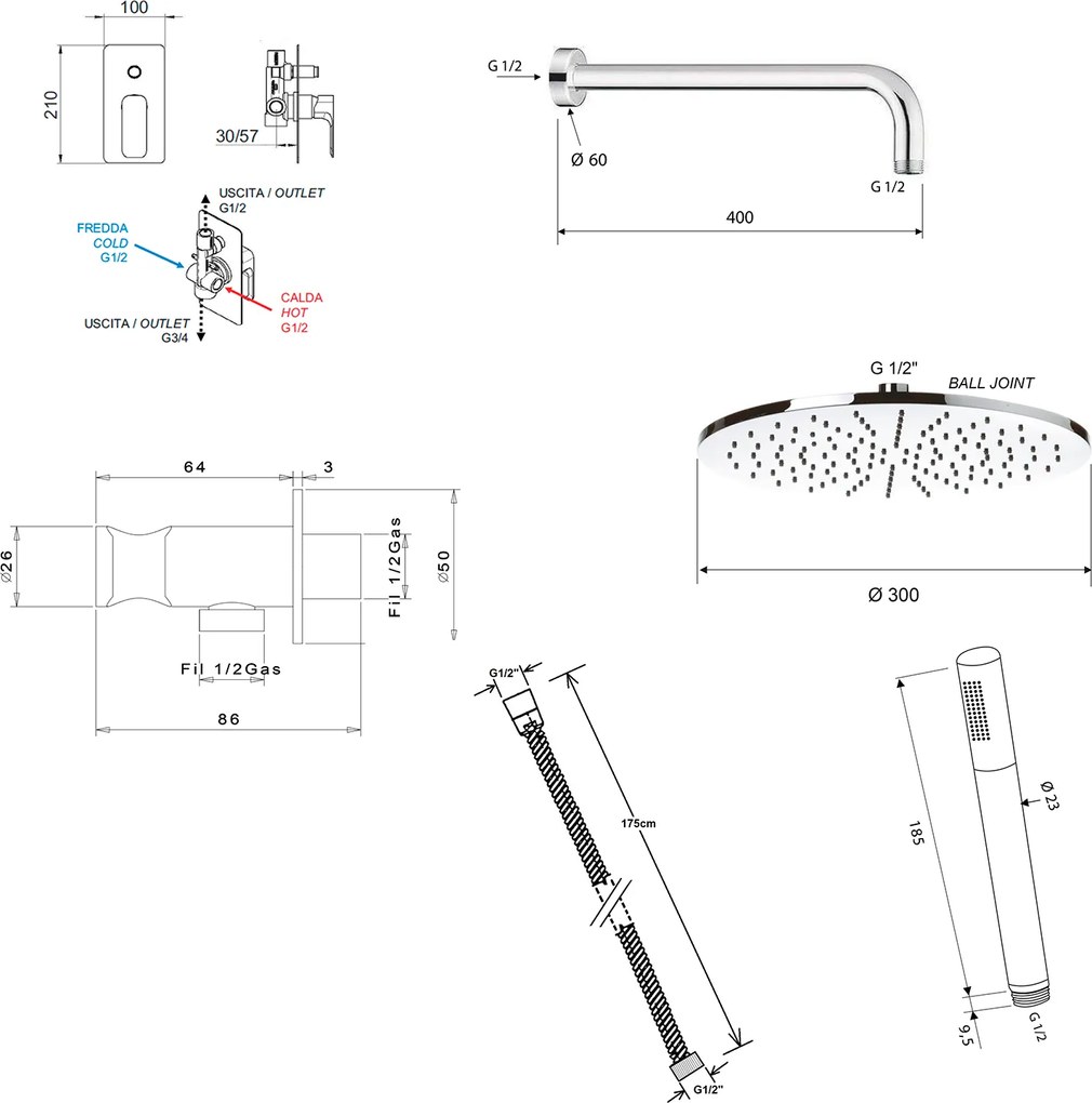 Sapho , KAI podomítkový sprchový set s pákovou baterií, otočný přepínač, 2 výstupy, černá matná, PY42/17-01