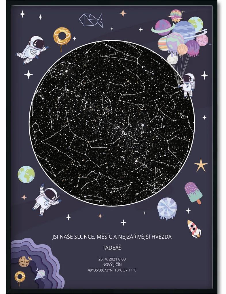 Hvězdná mapa Vašeho životního okamžiku Rozměr plakátu: 30 x 40 cm, Barva pozadí: Tmavě modrá, Volba rámu: Lípa dřevěný rám