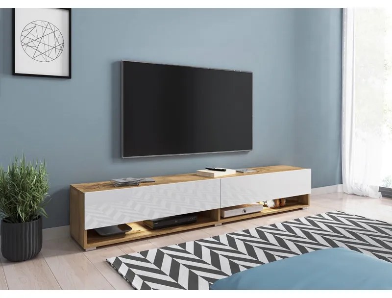TV stolek Adenik 180, Barva: bílá / bílý lesk, Osvětlení: osvětlení LED RGB - barevné