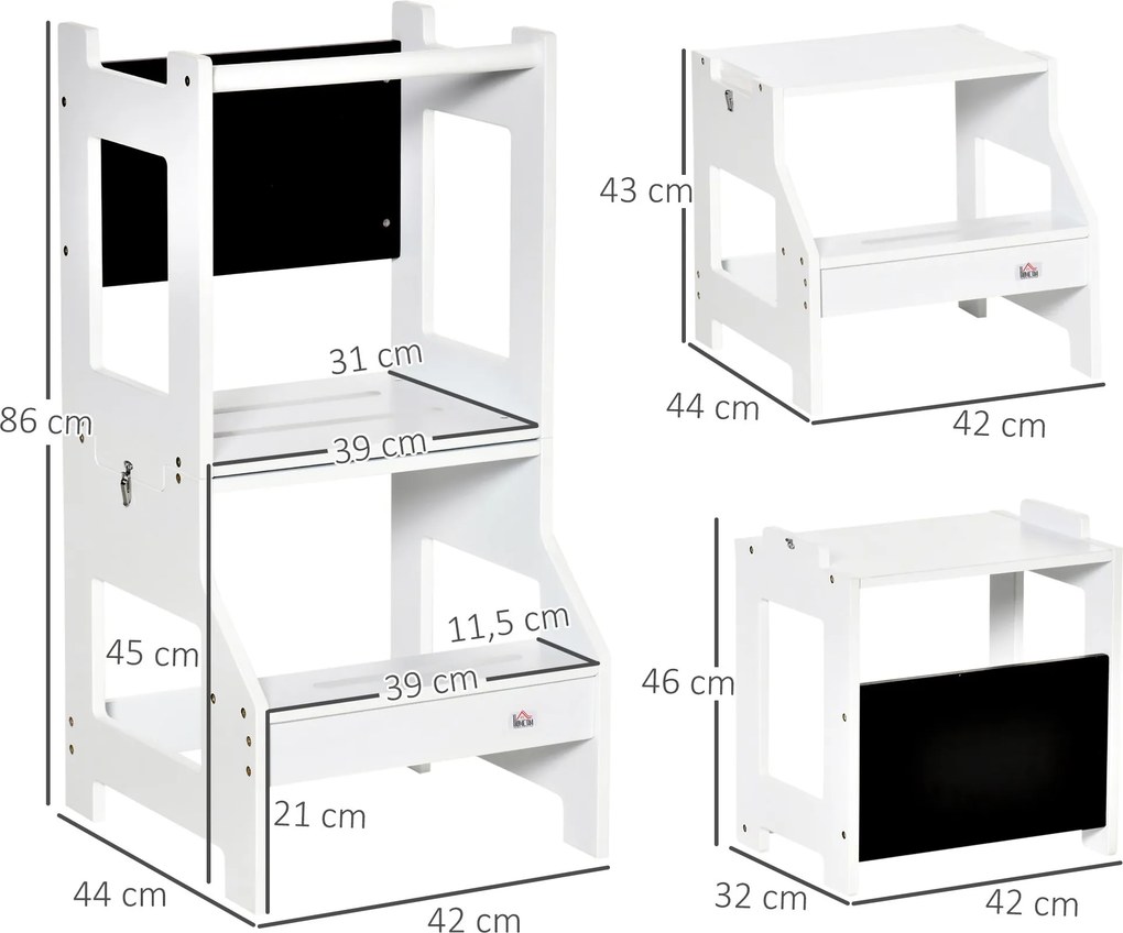 HOMCOM 2v1 Učící Věž Dětský Stolička pro 3+ Let, Převoditelná na Stůl s Tabulí a Bezpečnostním Příčným 42x44x86 cm Bílá