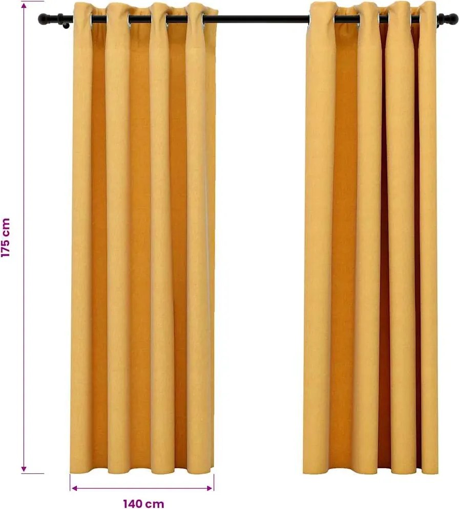 Zatemňovací závěsy s kroužky vzhled lnu 2 ks žluté 140 x 175 cm 321192