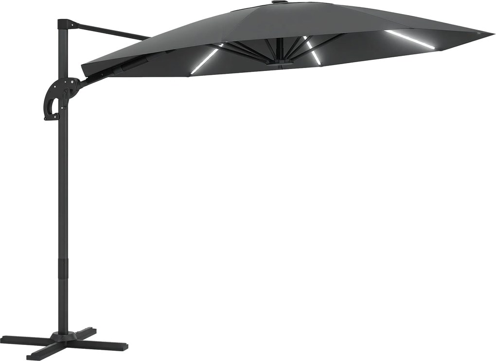Outsunny Hliníkový Slunečník s Bočním Stojanem LED Solární Ø300cm Výškově Nastavitelný Slunečník s Kličkou UV50+ Voděodolný 360° Otočný Tržišní Sluneč