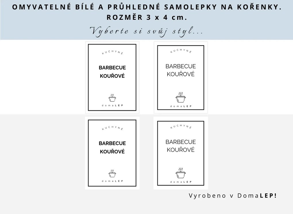 BARBECUE KOUŘOVÉ- Samolepka na kořenky 3 x 4 cm - DomaLEP varianta: BÍLÁ - tučné písmo