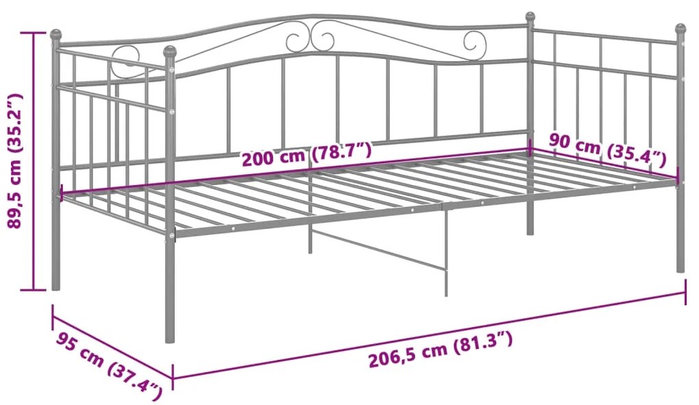 vidaXL Marketos Rám postele/pohovky šedý kovový 90 x 200 cm