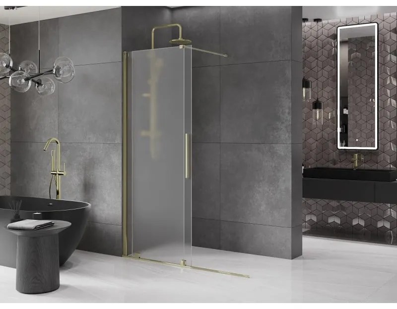 Mexen Velar, sprchová zástěna s posuvnými dveřmi Walk-in 140 x 200 cm, 8mm sklo námraza, zlatá lesklá, 871-140-000-33-50