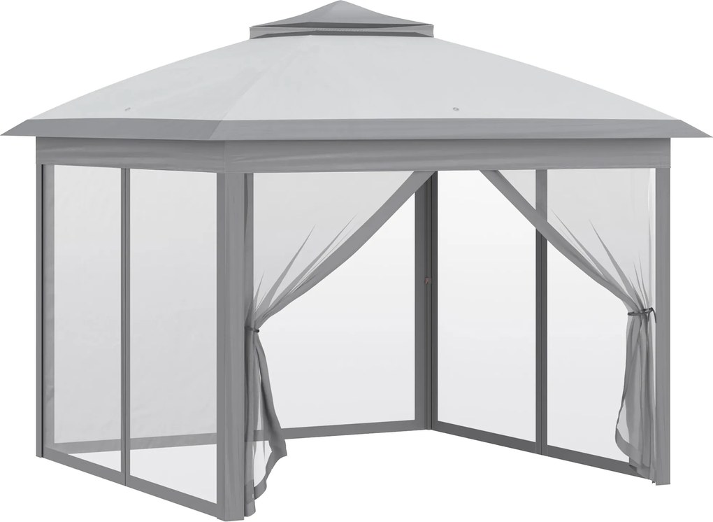 Outsunny skládací pavilon, zahradní pavilon, kov a plátno, síťové závěsy, odvodňovací otvory, 330D x 330Š x 288V cm, šedý 84C-300V01GY