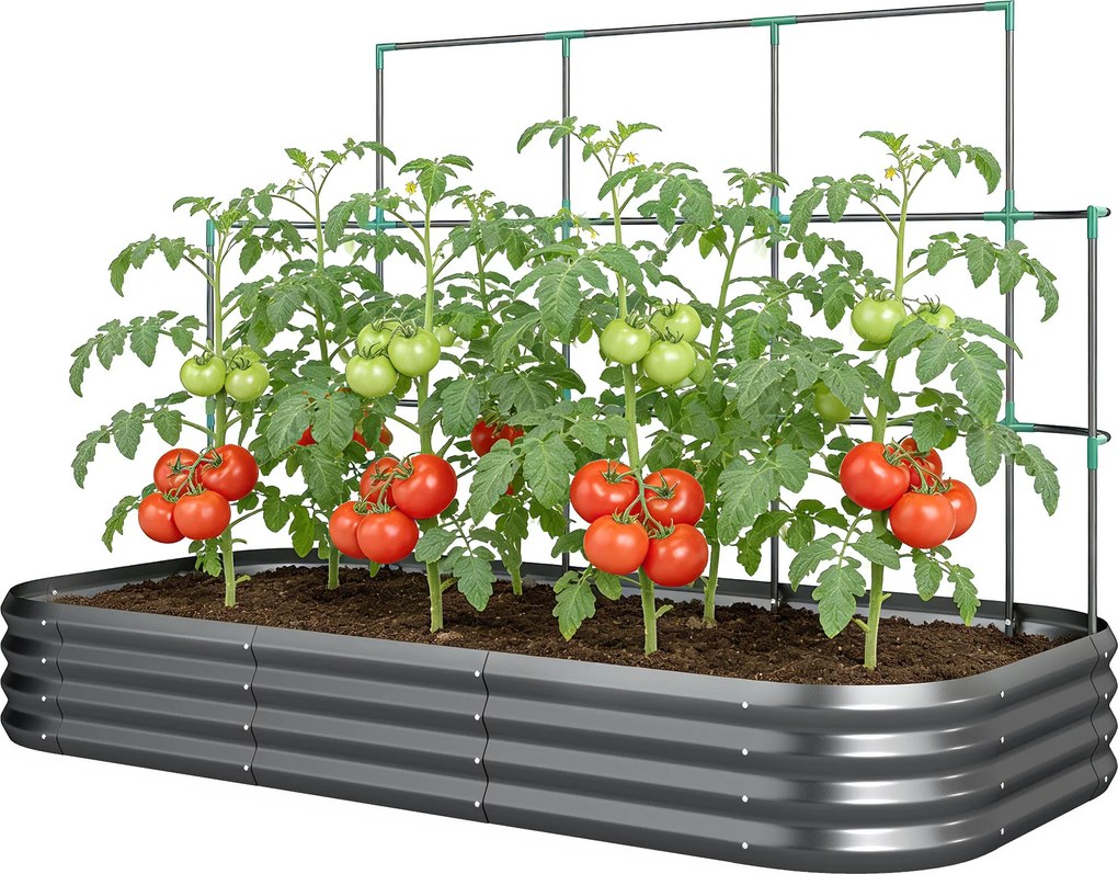 Outsunny vyvýšený záhon s treláží, pozinkovaný kovový truhlík s ochranným okrajem a rukavicemi pro bylinky, zeleninu a květiny — 220 x 110 x 150 cm, t