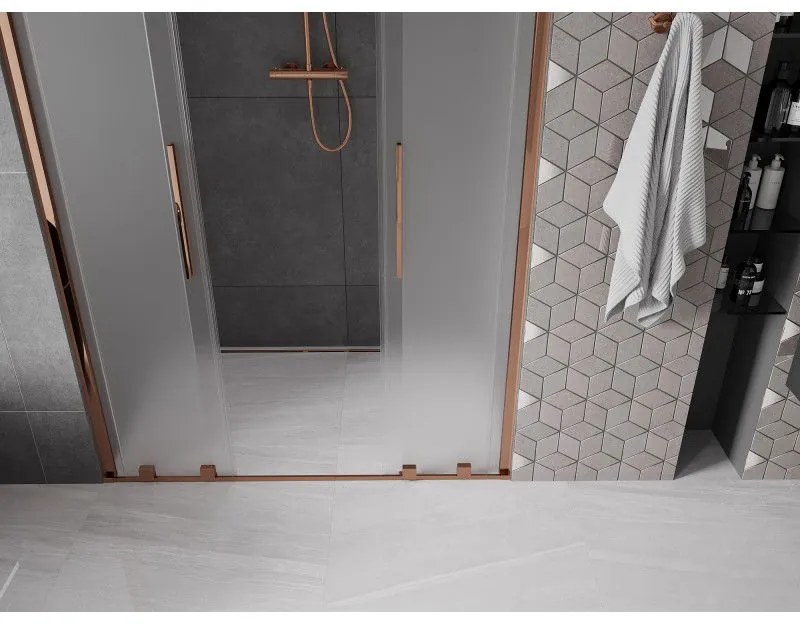 Mexen Velar Duo, posuvné sprchové dveře do otvoru 150 cm, 8mm sklo námraza, růžové zlato, 871-150-000-32-60