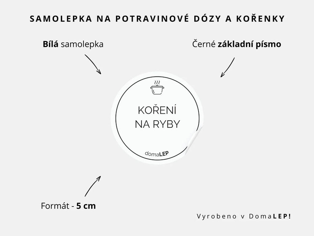 KOŘENÍ NA RYBY - omyvatelná samolepka na kořenky, výběr rozměrů Ø 5 cm / 5 x 5 cm / 6 x 8 cm | DomaLEP tvar: OBDÉLNÍK, barva: BÍLÁ - ČERNÉ písmo, velikost: š. 6 cm x v. 8 cm – základní písmo