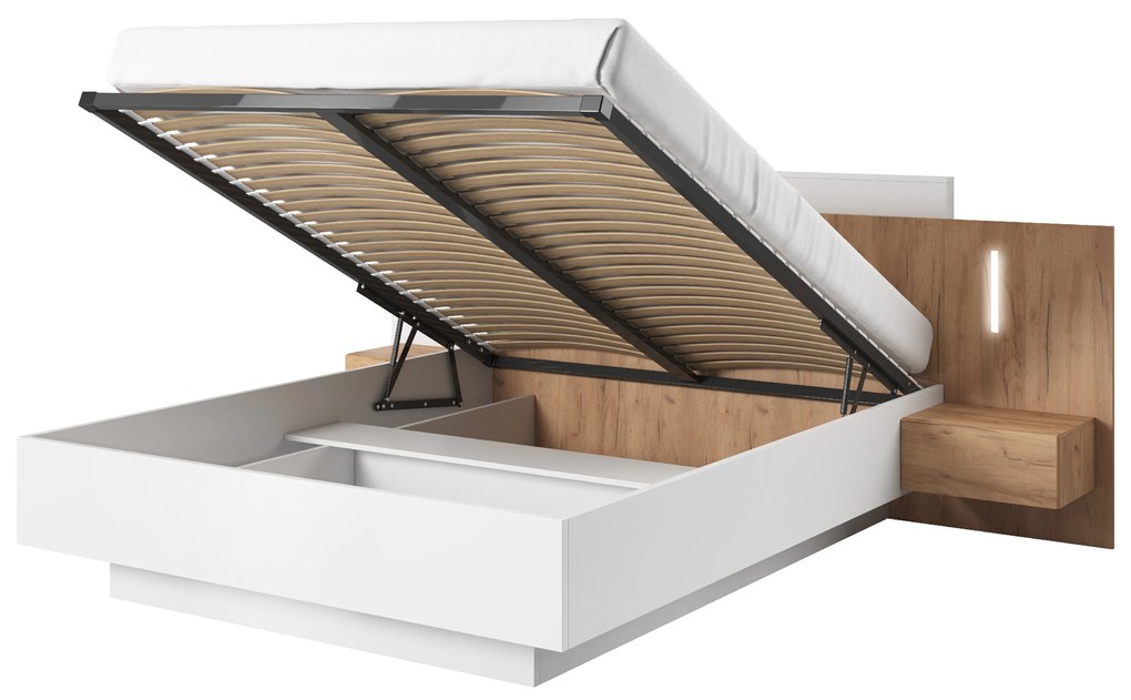 3D Ložnice s osvětlením, Dub craft zlatý/matná bílá Zvolte možnost: rošt dřevěný rám