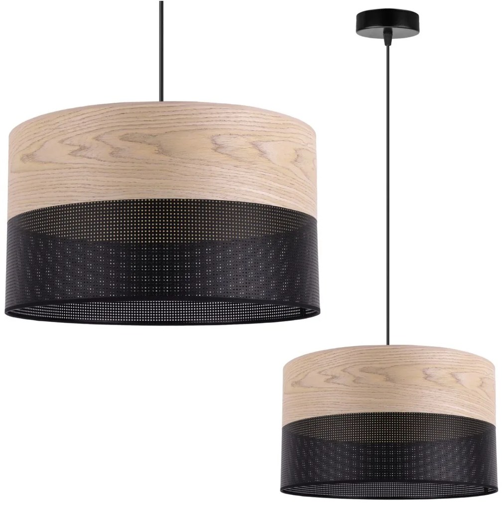 Závěsné svítidlo Wood, 1x béžová dubová dýha/černé plastové stínítko, (fi 35cm)