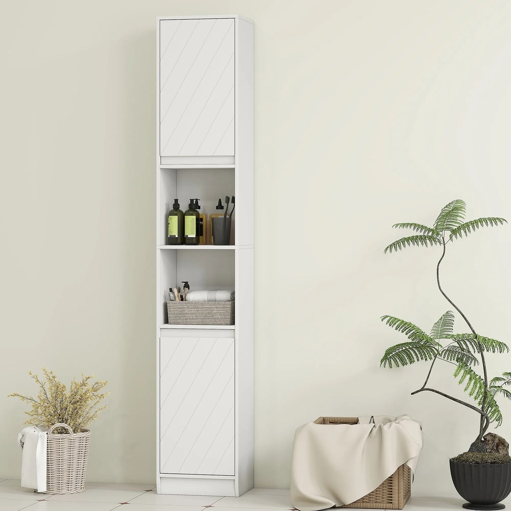 HOMCOM vysoká skříňka do koupelny, úložný nábytek se 2 dveřmi, 2 otevřenými přihrádkami, 30 x 24 x 170 cm, bílá