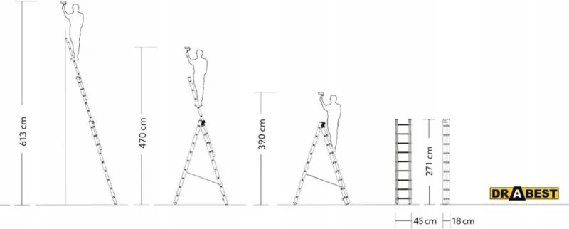 Hliníkový žebřík 3x9 příček třídílný DRABEST DW3-9 MAX