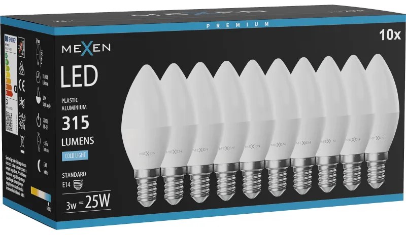 Mexen Nova 10x Žárovka LED E14, C37, 3W, Studená - 6500K, 315 lm - L102-E14-0365-01x10