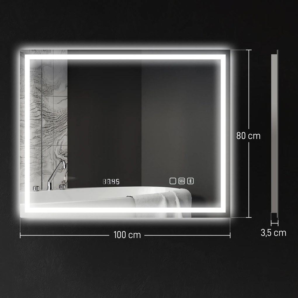 HOMCOM Koupelnové zrcadlo LED Bluetooth 80 x 100 cm dotykový spínač, nastavitelný světelný výkon 3 barvy, Anti-Fog, paměť, stříbrné