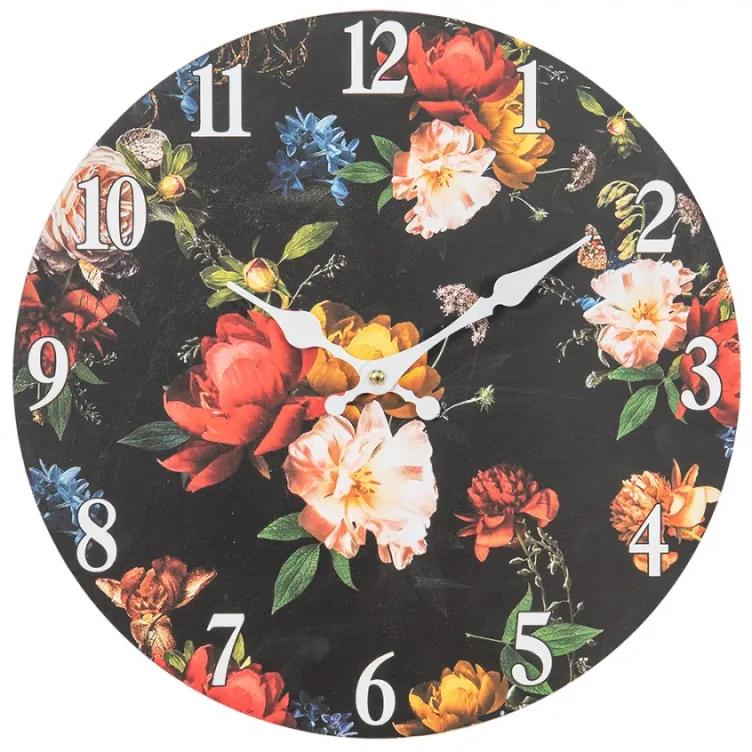 Černé nástěnné vintage hodiny s květy – 34x4 cm