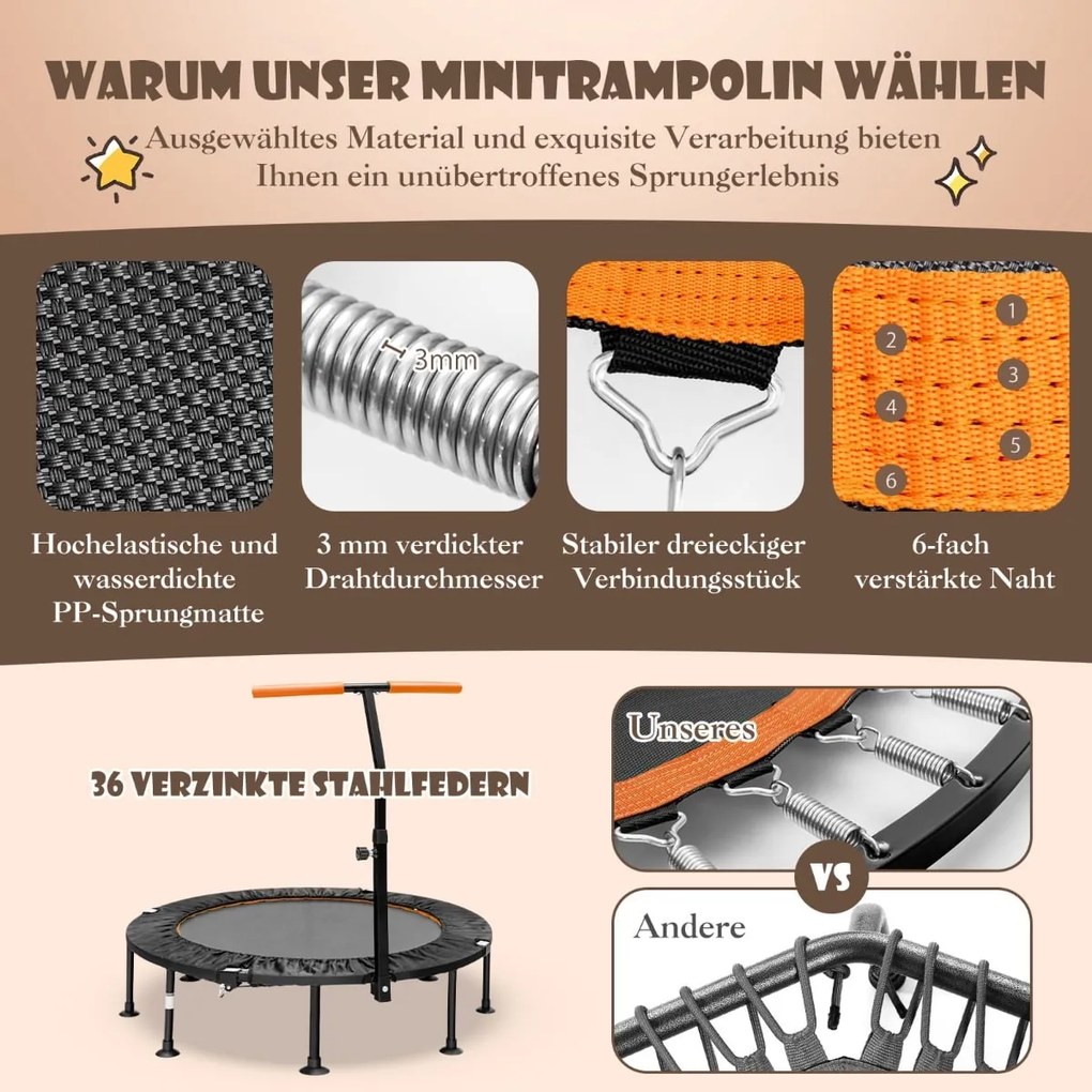 Costway Φ117 cm Skládací mini trampolína s výškově nastavitelným madlem dětská