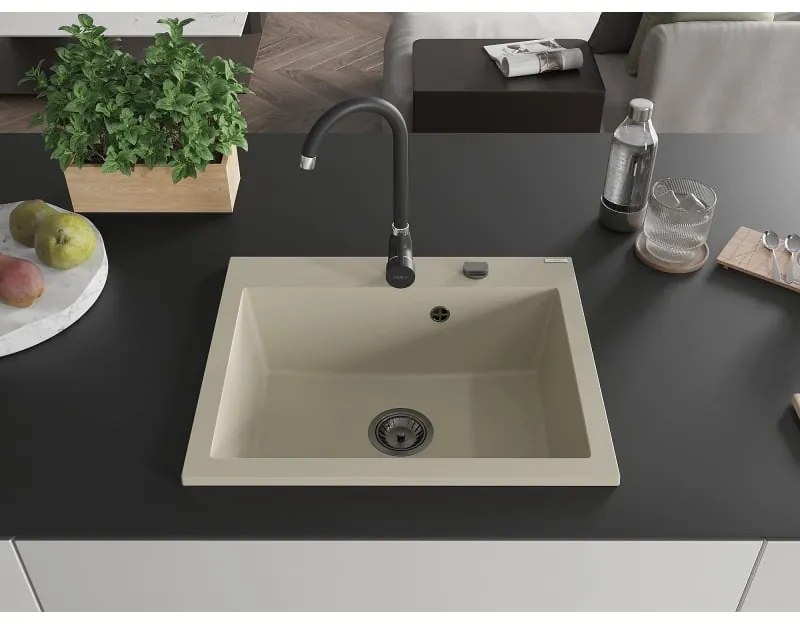 Mexen Elix, 1korový granitový dřez 600 x 500 mm, béžová, černý sifon, 6525601005-69-B