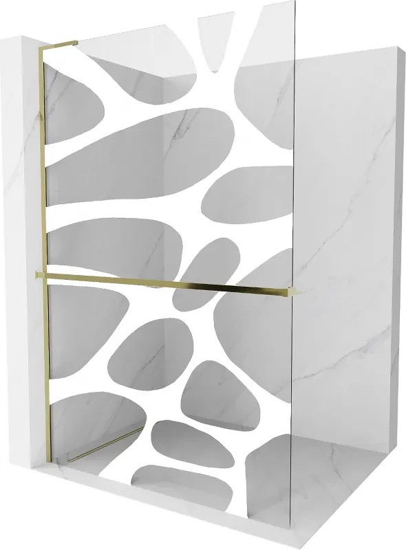 Mexen Kioto+ L, sprchová zástěna Walk-In s poličkou a věšákem 110 x 200 cm, 8mm čiré sklo bílý vzor, zlatý lesklý profil, 800-110-123-50-97