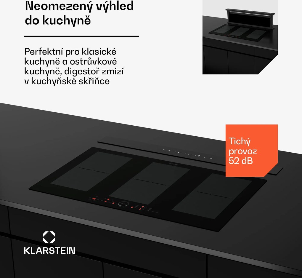 Klarstein Digestoř Royal Flush Eco, 842 m³/h průtoku vzduchu, šikmá, EEK A, 70 dB, LED dioda