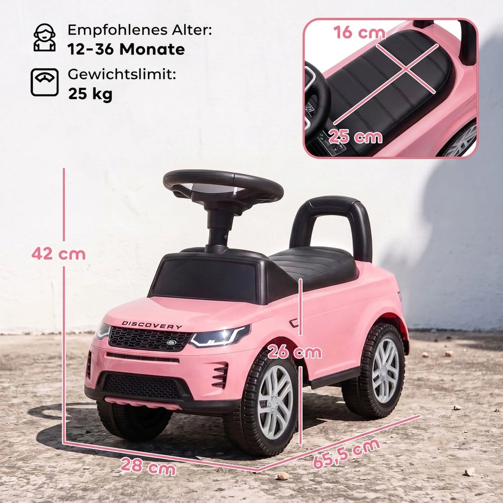 AIYAPLAY LAND ROVER DISCOVERY odrážedlo, vozidlo k odrážení s klaksonem, zvuky motoru, úložný prostor pod sedadlem 18–36 měsíců, růžová