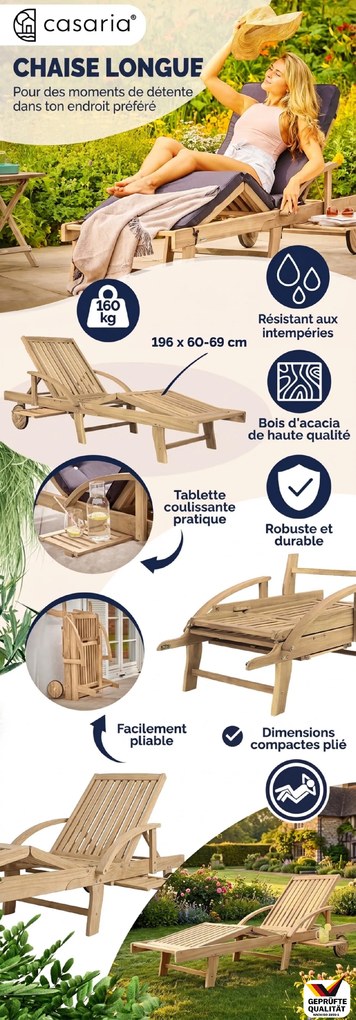 Zahradní lehátko skládací nastavitelný z akáciového dřeva Teak vzhled rozkládací stůl kolečka