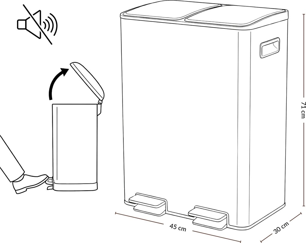 Dvoukomorový koš na odpadky SOLV, 60 l – stříbrný
