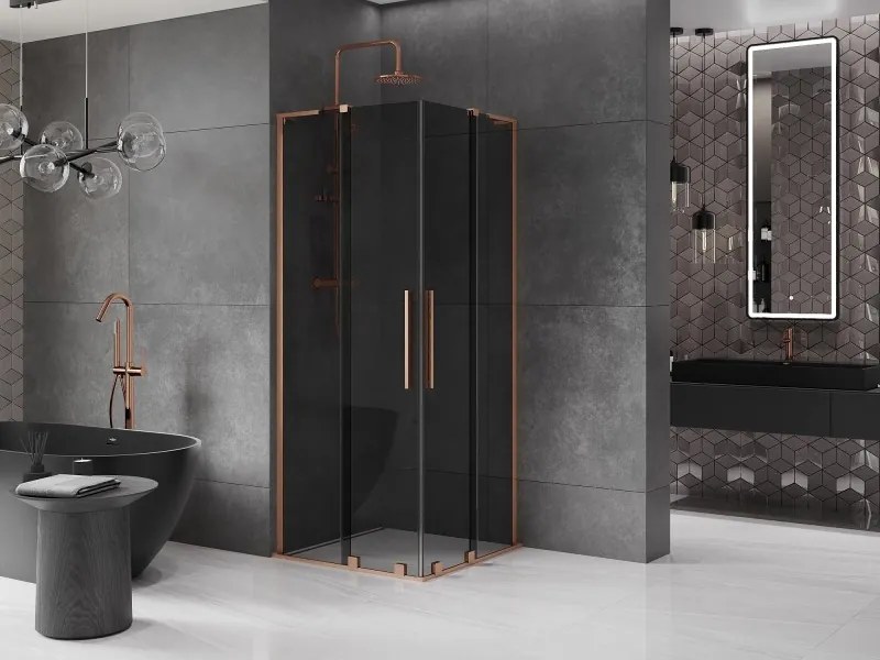 Mexen Velar L Duo, sprchový kout s posuvnými dveřmi 100 x 100 cm, 8mm šedé sklo, měděná matná, 871-100-100-02-43-65