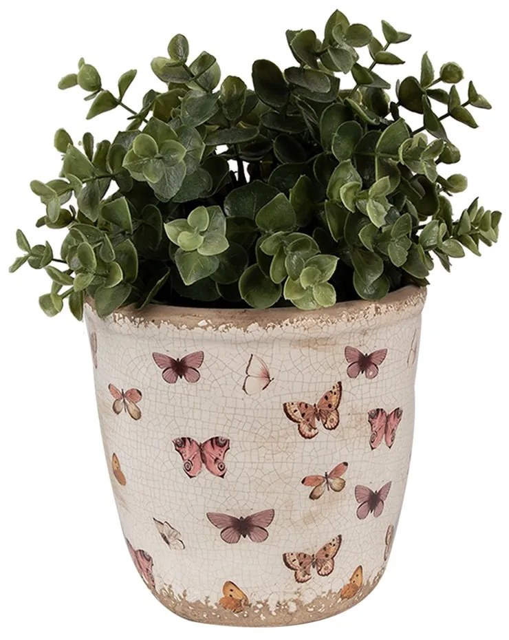 Béžový antik obal na květináč s motýlky Butterfly Paradise M - Ø 15*14 cm