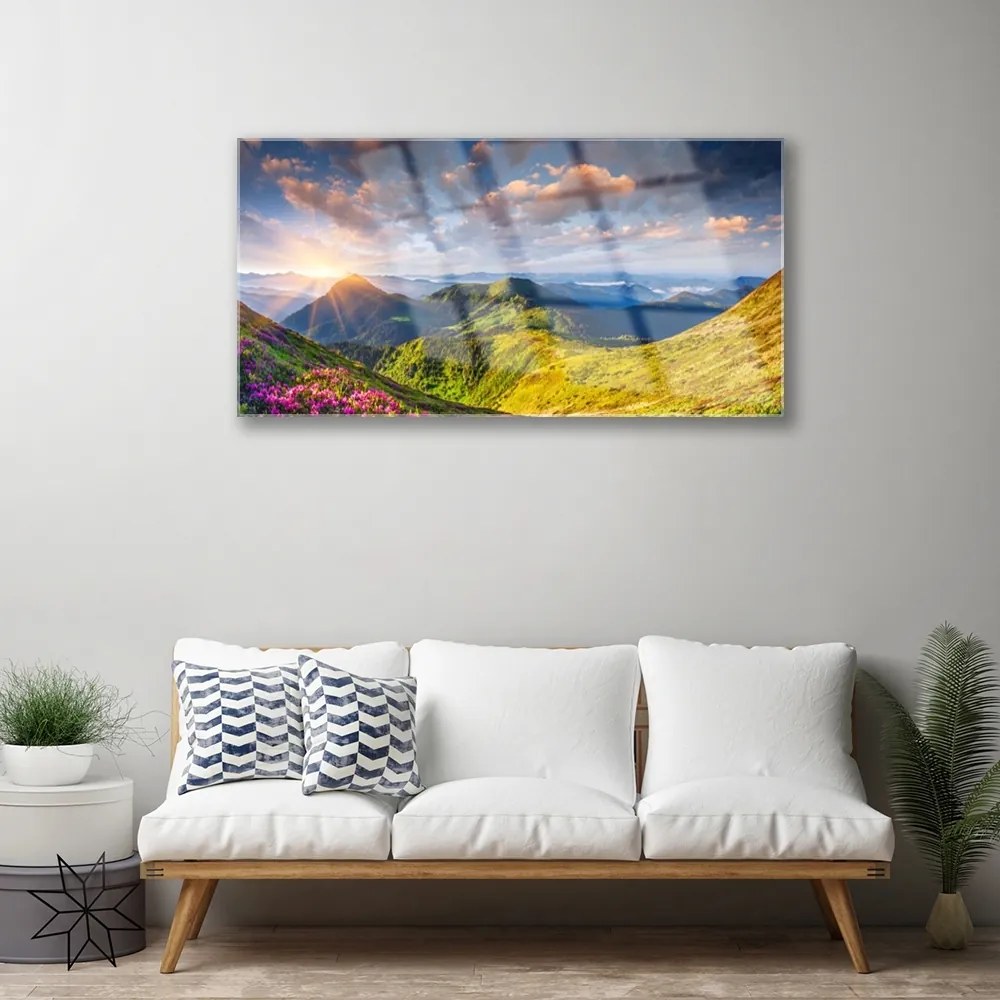 Plexisklo-obraz Hory Slunce Louka Krajina 100x50 cm