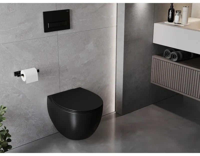 Mexen Egg, závěsná WC mísa Rimless s duroplastovým sedátkem s pomalým zavíráním, černá matná, 30245070